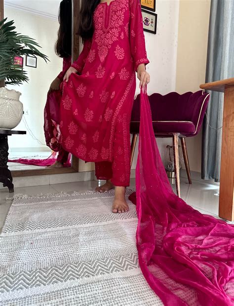 Haniya Rani Pink Lucknowi Mukaish Chikankari Suit Set Traditional