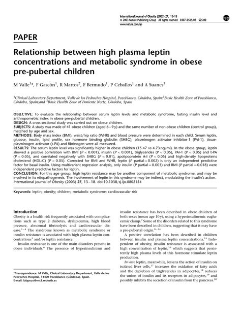 Pdf Relationship Between High Plasma Leptin Concentrations And Metabolic Syndrome In Obese Pre