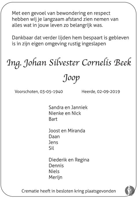 Ing Johan Silvester Cornelis Joop Beek 02 09 2019 Overlijdensbericht