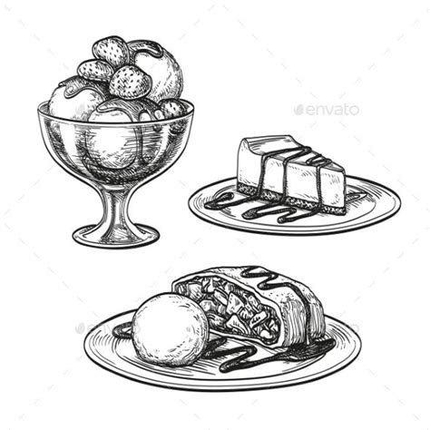 Set Of Desserts Food Drawing Hand Drawn Vector Illustrations