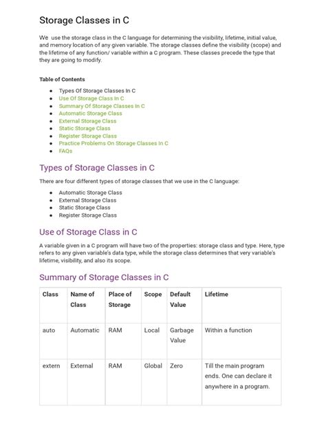 Storage Classes In C Pdf