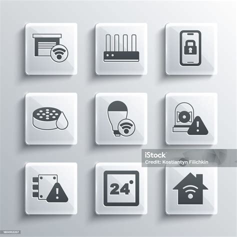 온도 조절기 Wifi가 있는 스마트 홈 울리는 알람 벨 전구 보호 중인 집 물 센서 차고 및 디지털 도어록 아이콘을 설정합니다 벡터 0명에 대한 스톡 벡터 아트 및 기타