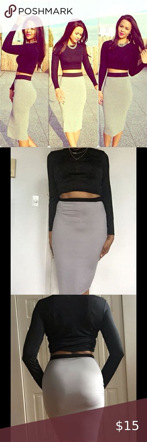 BLACK GRAY PIECE BODYCON CROP TOP MIDI SKIRT Cute Two Piece Outfits Outfits Bodycon Tops