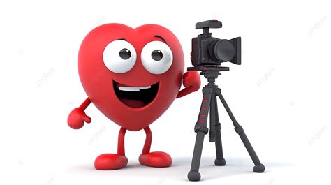 흰색 배경에 Dslr 또는 비디오 카메라 짐벌 안정화 삼각대 시스템을 갖춘 3d 렌더링 레드 하트 마스코트 짐벌 비디오그래퍼 비디오 촬영 배경 일러스트 및 사진 무료