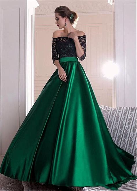 Graceful Lace Prom Dress Green Satin Long Prom Dress Off The Shoulder