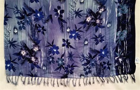 Mango Moon Hawaii Blue Shawl Wrap Scarf Fringe Floral Long Rayon 58x40