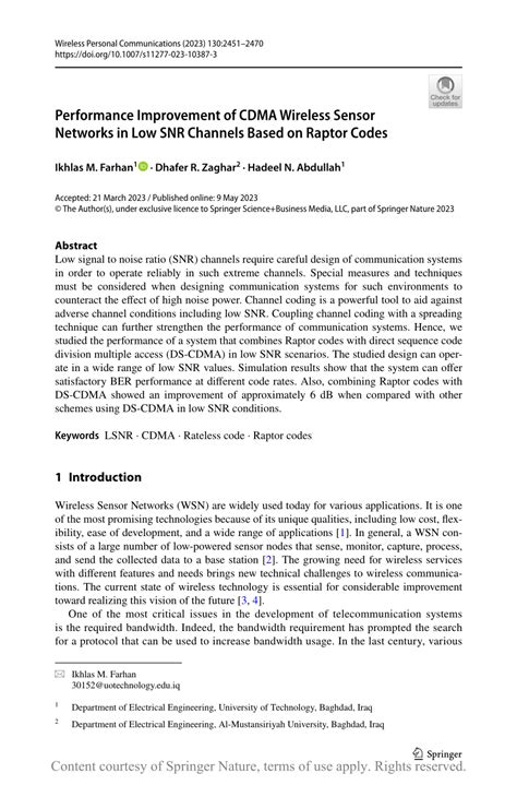 Performance Improvement Of Cdma Wireless Sensor Networks In Low Snr