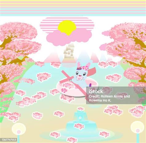 벚꽃 꽃 봄 그림 2022와 함께 행 보트에 밝은 달콤한 빛 푸른 만화 토끼 토끼 2022년에 대한 스톡 벡터 아트 및 기타