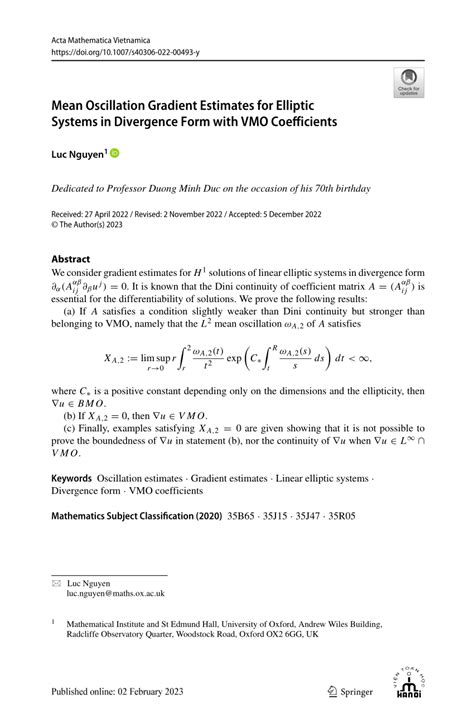 Pdf Mean Oscillation Gradient Estimates For Elliptic Systems In Divergence Form With Vmo