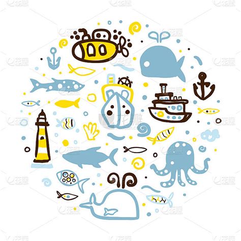 采购产品在圆形形状的海洋和航海符号，旗帜，海报，背景模板矢量插图