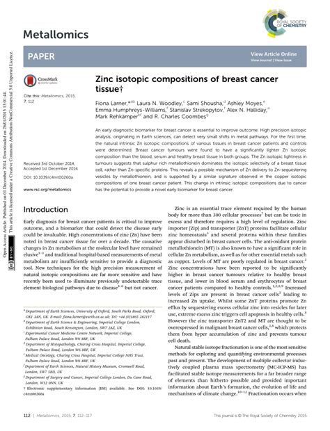 Pdf Zinc Isotopic Compositions Of Breast Cancer Tissue