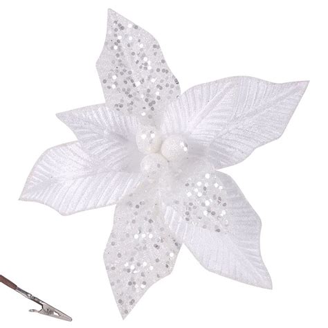 Buy White And Silver Sequin Poinsettia Flower Clip The Christmas Cart