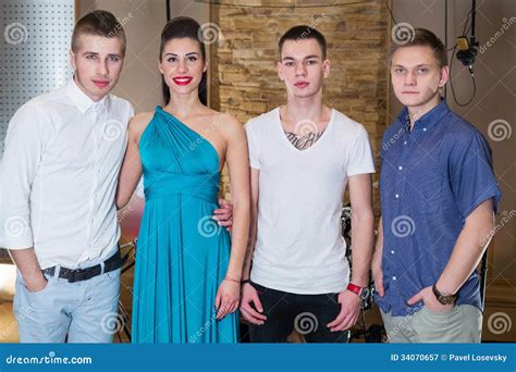 Group Of Three Guys Musician And A Girl Singer Stock Image Image Of