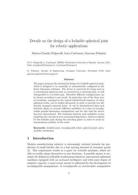Pdf Details On The Design Of A Lockable Spherical Joint For Robotic