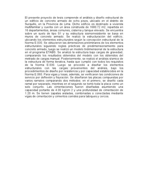 El Presente Proyecto De Tesis Comprende El Análisis Y Diseño Estructural De Un Edificio De