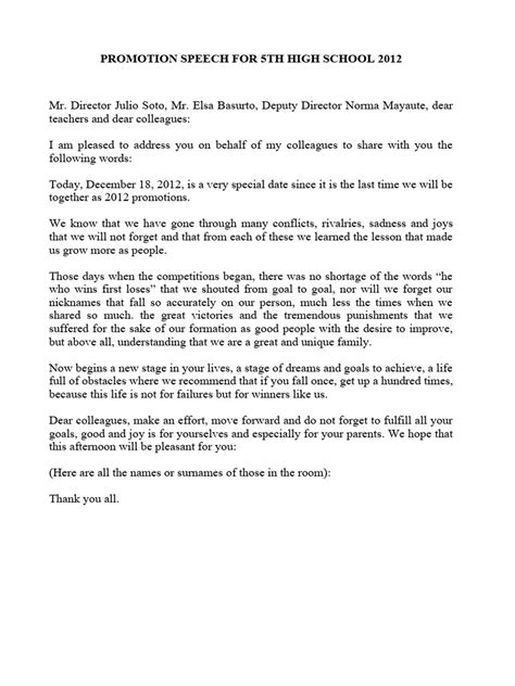 Promotion Speech For 5th Secondary School 2012 Pdf Teachers