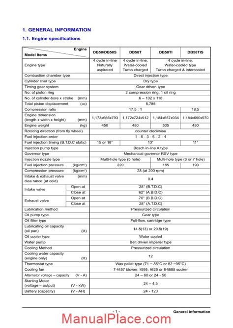 Doosan Engine Db58 Engine Specs And Injection Pump Datas Service Manual