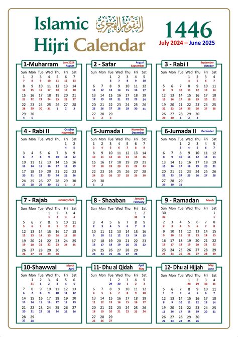 islamic hijri wall calendar 1446 ah with colour coded gregorian dates digital download version