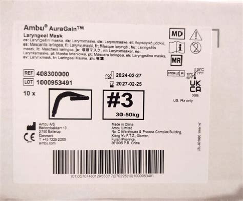 New Ambu Auragain Disposable Laryngeal Mask Size 3 408300000 2027
