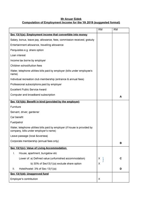 Format Employment Income 2020 Mr Anuar Sidek Computation Of