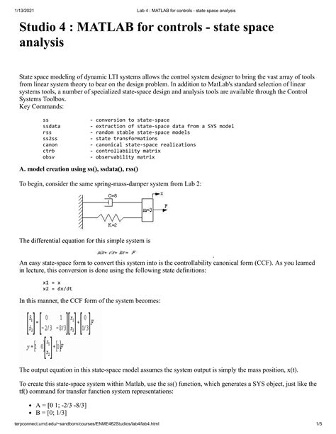 Lab 4 Matlab For Controls State Space Analysis Pdf