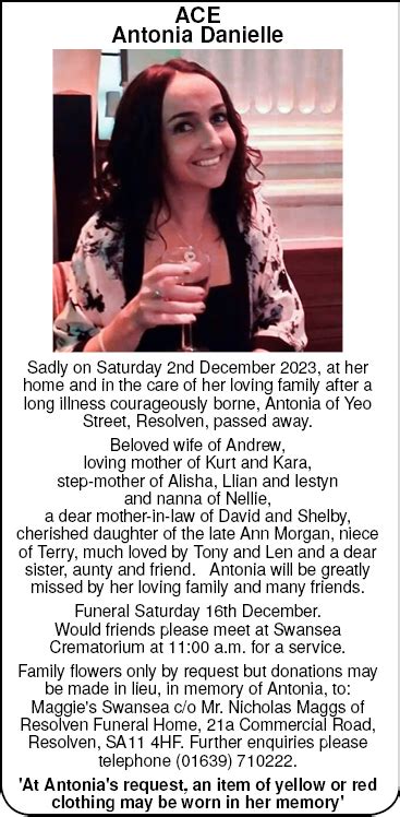 Funeral Notice For Mrs Antonia Danielle Ace Resolven District News