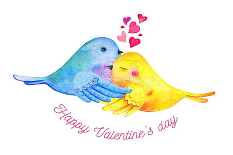 Love Birds Couple Cuddling With Hearts And Wishing Hand Drawn Watercolor Illustration For St