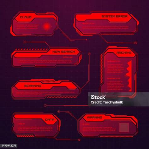빨간색 미래형 Hud 또는 Ui 요소 공상 과학 사용자 인터페이스 텍스트 상자 설명선 경고 메시지 프레임 정보 상자 템플릿입니다 디지털 스타일의 현대적인 게임 인터페이스