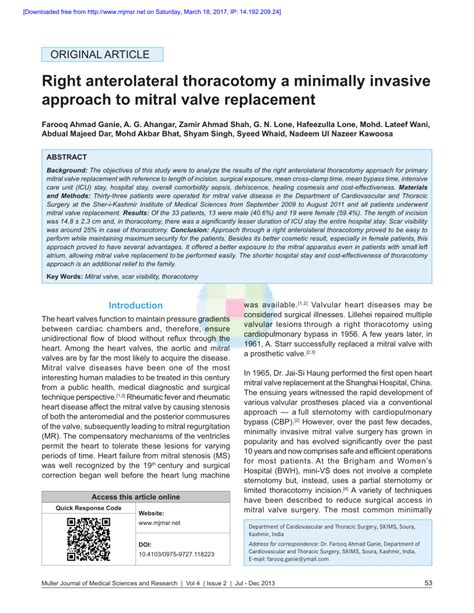 Pdf Right Anterolateral Thoracotomy A Minimally Invasive Approach To Mitral Valve Replacement