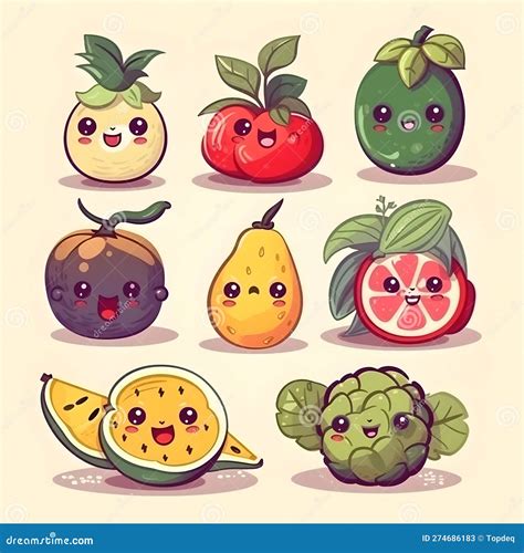 Fruits Cute Kawaii Linear Characters Vector Illustration