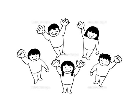 上に手を振る子ども達の線画イラスト 白黒のイラスト素材 Fyi07961478 ストックフォトの Qlean Market
