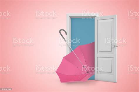 밝은 분홍색 배경에 분홍색 우산이있는 흰색 열린 출입구의 3d 렌더링 우산에 대한 스톡 사진 및 기타 이미지 우산 0명