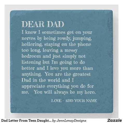 Dad Letter From Teen Daughter Blue Personalized Stone Coaster Zazzle