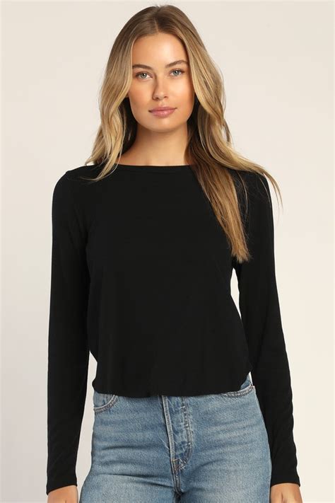 Black Ribbed Top Long Sleeve Top Cutout Top Womens Tops Lulus