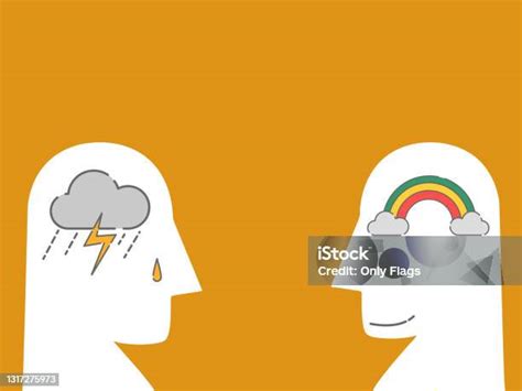 정신 건강 질병 뇌 발달 의료 개념 미소 무지개와 두 머리 우는 비 천둥 치료사는 심리 치료에 의해 환자 질병을 치료 벡터