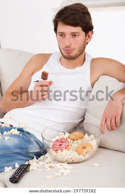 Lazy Man Sitting On Couch Popcorn Stock Photo 197739182 Shutterstock