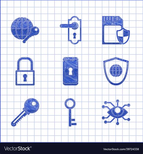 Set Smartphone With Lock Key Eye Scan Shield Vector Image