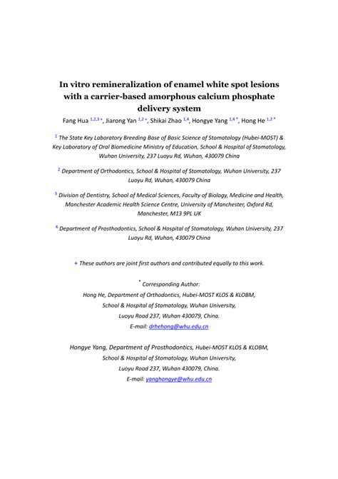 Pdf In Vitro Remineralization Of Enamel White Spot Lesions With A Carrier Based Amorphous
