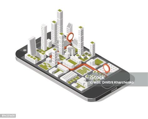 시 스마트 폰도 건물 Isometric 계획 모바일 응용 프로그램에 매핑하십시오 3 차원 벡터 그림입니다 태블릿에 대한 스톡