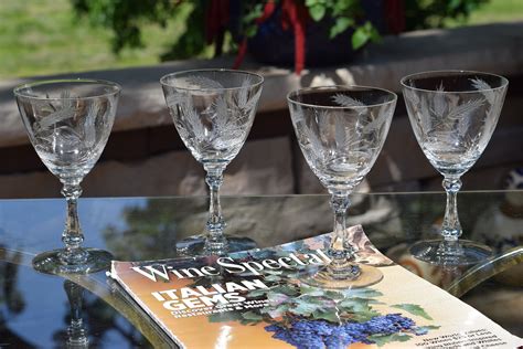 4 Vintage Etched Crystal Wine Glasses Cambridge 1940s Vintage