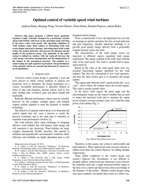 Optimal Control Of Variable Speed Wind Turbines Pdf Control Theory Wind Power