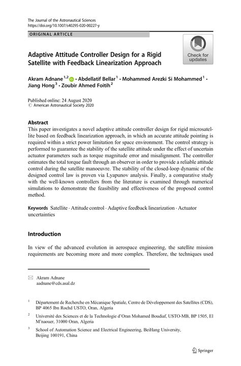 Pdf Adaptive Attitude Controller Design For A Rigid Satellite With Feedback Linearization Approach
