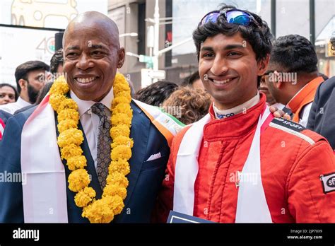 New York Ny August 15 2022 Mayor Eric Adams And Race Car Driver