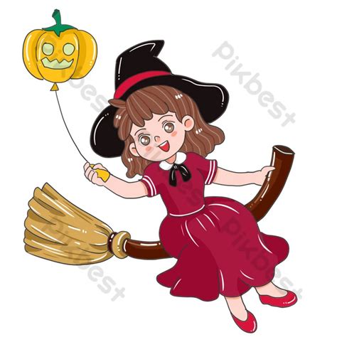 빗자루를 타고 원래 귀여운 만화 할로윈 마녀 요소 일러스트 Png Psd 무료 다운로드 Pikbest