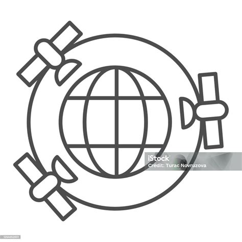 行星與gps衛星細線圖示導航概念三顆衛星軌道地球標誌在白色背景行星地球和衛星圖示在輪廓風格向量圖形向量圖形及更多互聯網圖片 Istock