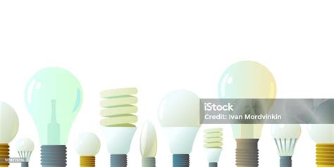 유리 전구 조명 장치 에너지 절약 기술 흰색 배경에 고립되어 있습니다 바닥 이음새가 없는 수평 구성 경계선 벡터 전구에 대한 스톡 벡터 아트 및 기타 이미지 Istock