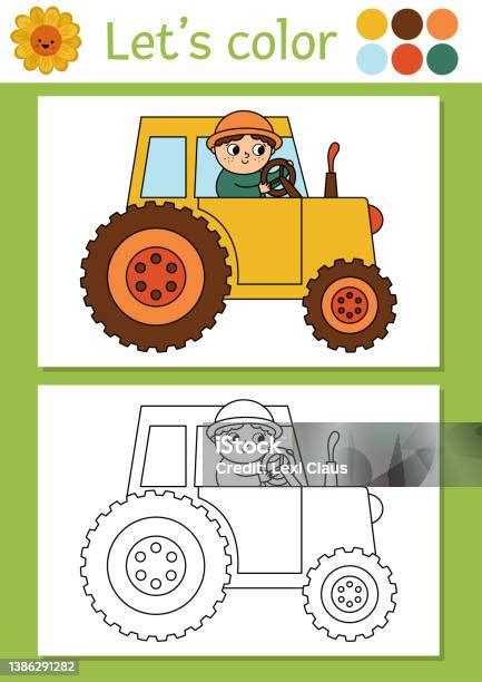 농부 운전 트랙터와 어린이를위한 농장 색칠 페이지에 벡터 시골 국가 개요 그림 컬러 예제를 가진 아이들을위한 컬러 북 그리기