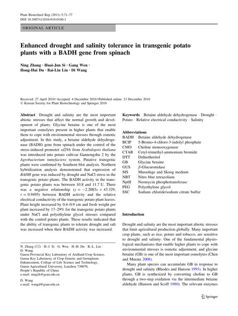Pdf Enhanced Drought And Salinity Tolerance In Transgenic Potato Plants With A Badh Gene From