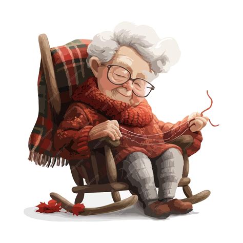 Old Woman Knitting In Rocking Chair Vector Illustration Grandmother