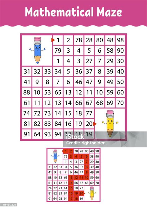 수학 미로 아이들을위한 게임 재미 미로 교육 개발 워크 시트 활동 페이지 아이들을위한 퍼즐 만화 스타일입니다 유치원 수수께끼 색상 벡터 일러스트레이션 0명에 대한 스톡 벡터